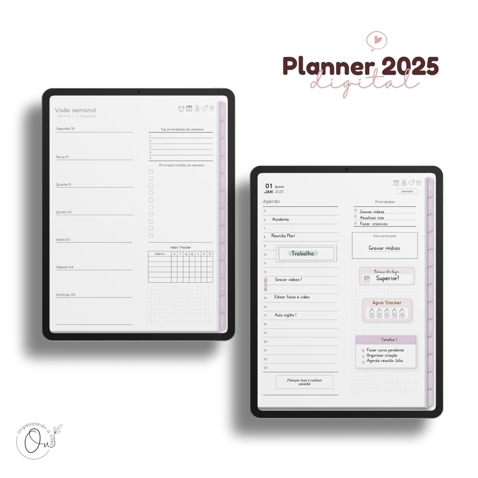 Planner Digital 2025 - Vertical Rosa - Organizando a Vida